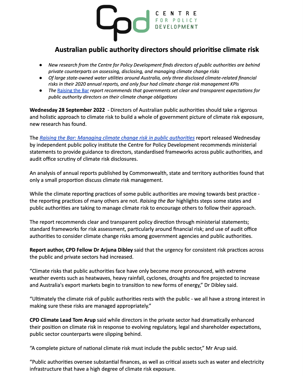 MEDIA RELEASE: Australian public authority directors should prioritise climate risk - Centre for ...